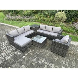 Rattan Gartenmöbel Sofa Set mit Sessel Beistelltisch Quadratischer Couchtisch Großer Fußhocker Indoor Beistelltisch Outdoor 8-Sitzer Rattan Set