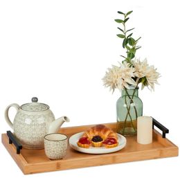 Tablett Bambus, hbt: 7 x 50 x 30 cm, Serviertablett mit Griffen, hoher Rand, Küchentablett rechteckig, natur - Relaxdays