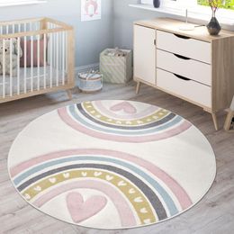 Teppich Kinderzimmer Kinderteppich Spielteppich Pastell 3D Regenbogen Herz Punkte Pink, 200 cm Rund - Paco Home