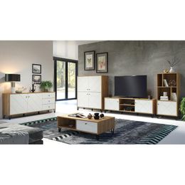 Lomadox Wohnzimmer Möbel Set modern TORINO-19 skandinavisches Design in Artisan Eiche Nb. mit weiß matt, B/H/T: ca. 399/136/40 cm - weiß