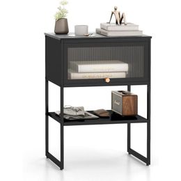 Costway Nachttisch Metallrahmen, Beistelltisch mit durchsichtiger Klapptür, Schublade & offener Ablage, Nachtschrank modern, Sofatisch für Wohnzimmer,