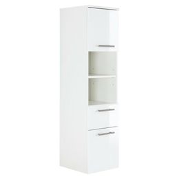 Lomadox - Badezimmer Hochschrank mit 2 Türen LAGOS-02 mit 2 Türen und Schublade Hochglanz weiß, b x h x t ca. 35,2 x 134,5 x 36,8cm - weiß