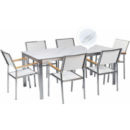 Beliani - Gartenmöbel Set 7-Teilig Weiß Marmor Optik Edelstahl 6 Stühle Polyester Tisch 180x90cm Sicherheitsglas Keramik Gartenausstattung Outdoor