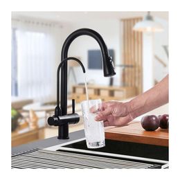 3 Wege Schwarz Küchenarmatur, 360° Schwenkbar Küchenarmatur 3 in 1 Hochdruckarmatur für Wasserfilter Küche Wasserfilter Wasserhahn Trinkwasserhahn