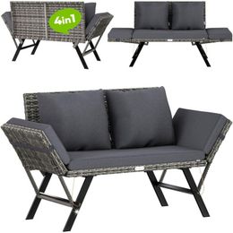 Casaria - Polyrattan Gartenbank Liegefunktion Auflage Kissen verstellbare Armlehnen wetterfest draußen Garten Terrasse Balkon Sofa Couch Liege Grau