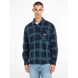 Fleecehemd Tommy Jeans "TJM CHECK POLAR FLEECE OVERSHIRT" Gr. L, N-Gr, blau (dark night navy check) Herren Hemden Langarm