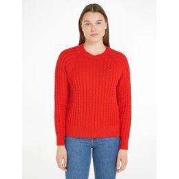 Rundhalspullover Tommy Hilfiger "CO CABLE C-NK SWEATER" Gr. L (40), rot (hellrot) Damen Pullover Feinstrickpullover