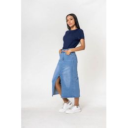 Nina Carter Sommerrock Langer Jeansrock mit Schlitz Stretch Denim Midi Rock 7554 in Hellblau