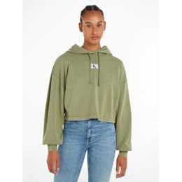 Kapuzensweatshirt Calvin Klein Jeans "WASHED WOVEN LABEL HOODIE" Gr. L (40), grün (dark juniper) Damen Sweatshirts -jacken mit Logoschriftzug
