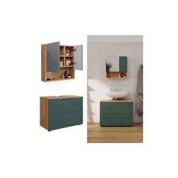 VICCO Badm&ouml;bel-Set Irma Eiche Gr&uuml;n 2-teilig Spiegelschrank Waschbeckenschrank 80 cm