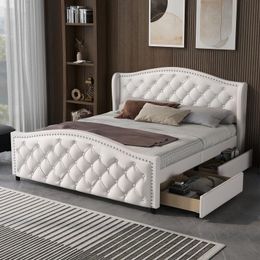 Gepolstertes Doppelbett mit Lattenrost, 2 Schubladen und genietetem Kopfteil, pu, ​​weiß, 160 x 200 cm