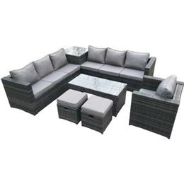 9-Sitzer Rattan Ecksofa Set mit quadratischem Beistelltisch und länglichem rechteckigem Couch Tee Tisch Arm Stuhl 2 Hocker Dunkelgrau gemischt