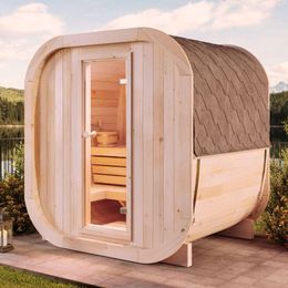 FinnTherm Fasssauna ScandiCube Mini XS, Moderne Outdoor Sauna inkl. Dacheindeckung und Fußboden, Ø 214 x 160 cm, Ausführung: Thermoholz, Ohne Fenster