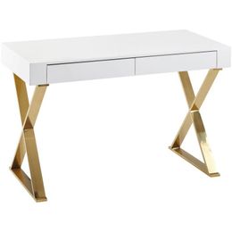 FineBuy Schreibtisch 118x76x57 cm Holz Hochglanz Weiß Metallbeine Golden, Design Computertisch PC-Tisch Bürotisch Modern, Konsolentisch Schubladen