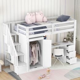 Hochbett 90 x 200 mit Kleiderschrank und Treppe, Schreibtisch und Schubladen und Kleiderschrank in einem, weiß