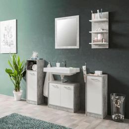 Badezimmer-Set mit Unterschrank, Schrank mit Tür und Fach, Schrank mit Tür, Hängeschrank mit Regalen - Beton und Weiß