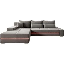 Sofa Davos Links mit Schlaffunktion - Ecksofa für Wohnzimmer mit Bettkasten & led - Stoff Schlafsofa l Form Couch Beleuchtung - Hellgrau - Juskys