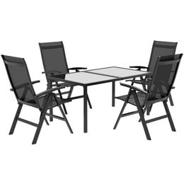 Outsunny Outdoor Sitzgruppe, 4 klappbare Stühle, Tisch mit Glasplatte, verstellbare Rückenlehne, Aluminium, Dunkelgrau - Schwarz