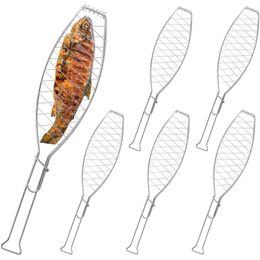 Fischbräter 6er Set, Edelstahl, mit Griff, 54 cm lang, Fischhalter zum Grillen, Grillguthalter Fisch, silber - Relaxdays