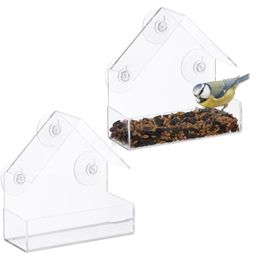 Relaxdays - Fenster-Vogelfutterhaus 2er Set, 3 Saugnäpfe, Vogelfutterstation mit Dach, hbt: 15 x 15 x 7 cm, transparent