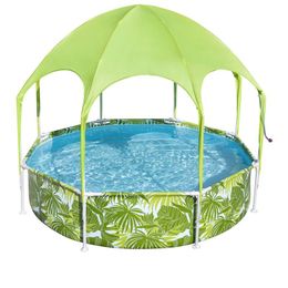 Bestway Steel Pro™ Frame Pool mit Sonnenschutzdach Splash-in-Shade ohne Pumpe ø 244 x 51 cm, grünes Blätter-Design, rund - Grün