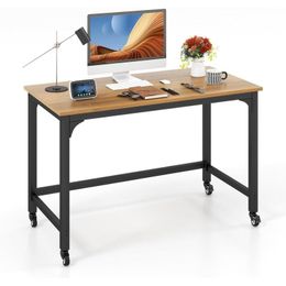 Costway - Schreibtisch mit Rollen, Computertisch mit Metallrahmen, Arbeitstisch mit 4 Rädern, Bürotisch rollbar, PC-Tisch, 120 x 60 x 76 cm, Natur