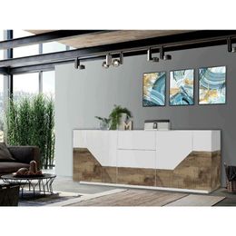 Kommode Dmazz, Küchen-Sideboard mit 4 Türen und 3 Schubladen, Wohnzimmer-Buffet, 100 % Made in Italy, cm 220x43h86, glänzend weiß und Ahorn - Dmora