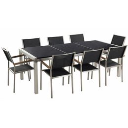 Beliani Gartenmöbel Set Schwarz Granit Edelstahl Tisch 220 cm Poliert 8 Stühle Terrasse Outdoor Modern - Silber