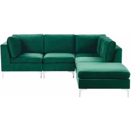 Beliani Modulares Ecksofa mit Ottomane linksseitig Grün Polsterbezug aus Samtstoff 4-Sitzer mit Metallgestell Silber Wohnzimmer Salon Möbel