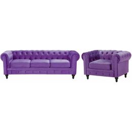 Beliani Sofa Set Violett Samtstoff Sizgruppe Chesterfield Stil Glamourös Wohnzimmer - Dunkler Holzfarbton