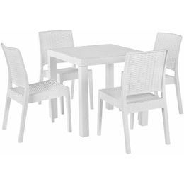 Beliani Gartenmöbel 4er Set Weiß aus Kunststoff Rattanoptik Tisch mit quadratischer Form 80 x 80 cm Balkon / Terrasse / Gartenzubehör Outdoor Modern - Weiß