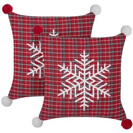 Beliani Set aus 2 Streukissen Rotes Polyester-Gewebe Tartan Weihnachtsmuster 45 x 45 cm