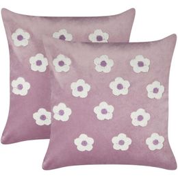 Beliani Dekokissen 2er Set Violett Samtstoff 45 x 45 cm mit Blumen Bestickt Pflanzenmotiv Quadratisch Modern Wohnzimmer Schlafzimmer Kinderzimmer