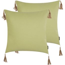 Beliani - Dekokissen 2er Set Olivgrün mit Quasten 45 x 45 cm Quadratisch Abnehmbarer Bezug für Wohnzimmer Schlafzimmer Sofa Sessel Bett - Grün