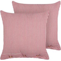 Beliani - Dekokissen 2er Set Rot und Weiß Baumwolle 45 x 45 cm Bezug mit Füllung Knöpfe Streifenmuster Retro-Design Wohnzimmer Schlafzimmer