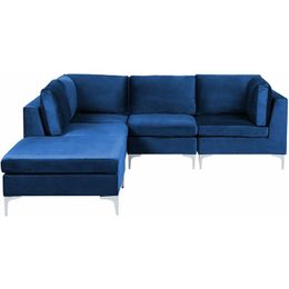 Beliani Modulares Ecksofa mit Ottomane rechtsseitig Blau Polsterbezug aus Samtstoff 4-Sitzer mit Metallgestell Silber Wohnzimmer Salon Möbel - Blau