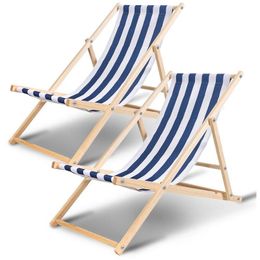 Swanew - Liegestuhl Schwingliege Klappbar Strandliege Balkonsonnenliege Liege Stuhl Holz Blau weiß 2 Stück