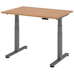 Hammerbacher XDSM12 elektrisch höhenverstellbarer Schreibtisch nussbaum rechteckig, T-Fuß-Gestell grau 120,0 x 80,0 cm