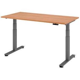 Hammerbacher XDSM16 elektrisch höhenverstellbarer Schreibtisch nussbaum rechteckig, T-Fuß-Gestell grau 160,0 x 80,0 cm