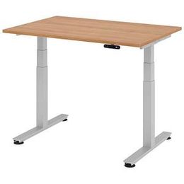 Hammerbacher XDSM12 elektrisch höhenverstellbarer Schreibtisch nussbaum rechteckig, T-Fuß-Gestell silber 120,0 x 80,0 cm