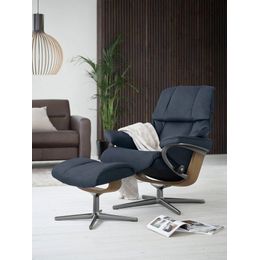 stressless® Relaxsessel Reno (Set, Relaxsessel mit Hocker), mit Hocker, mit Cross Base, Größe S, M & L, Holzakzent Eiche, blau