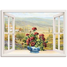 Artland Leinwandbild Blumenbouquet am weißen Fenster, Fensterblick (1 St), auf Keilrahmen gespannt, weiß