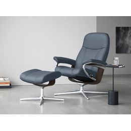 stressless® Relaxsessel Consul (Set, Relaxsessel mit Hocker), mit Hocker, mit Cross Base, Größe S, M & L, Holzakzent Wenge, blau