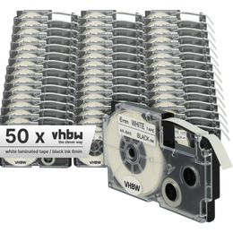 vhbw 50x Schriftband-Kassette kompatibel mit Casio KL-130, KL-200, KL-2000, KL-120, KL-100E, KL-1500, CW-L300 Etiketten-Drucker 6mm Schwarz auf Weiß