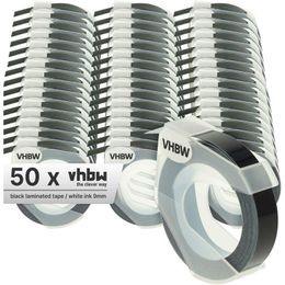 vhbw - 50x 3D Prägeband-Schriftband-Kassette kompatibel mit Dymo Mini, Omega Etiketten-Drucker 9mm Weiß auf Schwarz