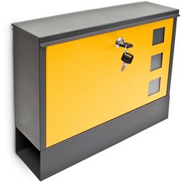 Relaxdays - Briefkasten mit Zeitungfach, hbt: 30 x 36 x 10 cm, Metall, mit 2 Schlüsseln, moderner Postkasten, schwarz/gelb