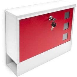 Relaxdays - Briefkasten mit Zeitungfach, hbt: 30 x 36 x 10 cm, Metall, mit 2 Schlüsseln, moderner Postkasten, weiß/rot