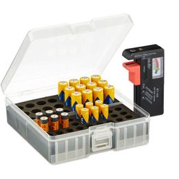 Batteriebox mit Tester, für 60 aa & aaa Batterien, hbt: 5,5 x 15 x 15,5 cm, Batteriekiste, transparent/schwarz - Relaxdays