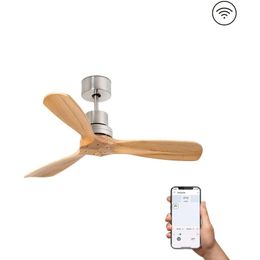 Faro Barcelona Faro Mini Lantau Kleiner DC-Smart-Deckenventilator aus Kiefernholz in mattem Nickel, 6 Geschwindigkeiten