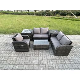 Fimous - High Back Rattan Gartenmöbel Set mit Loveseat Sofa Rechteckiger Couchtisch 2 Beistelltische Indoor Outdoor Patio Lounge Sofa Set Dunkelgrau